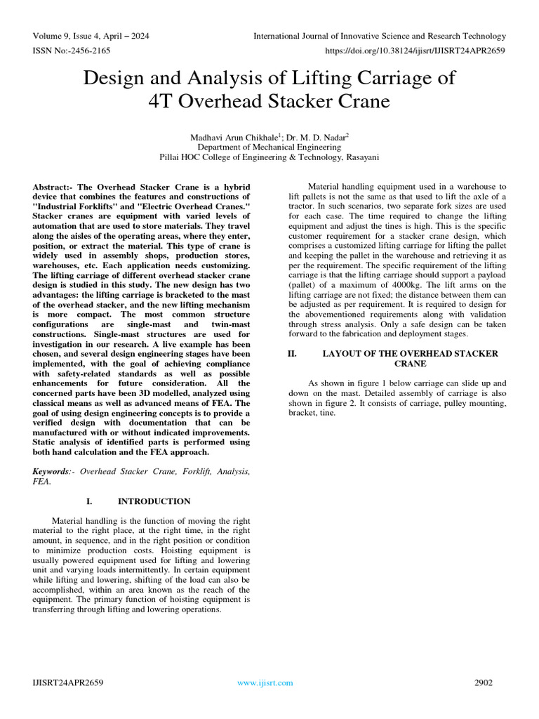 Design And Analysis Of Lifting Carriage Of 4t Overhead Stacker Crane Pdf Crane Machine