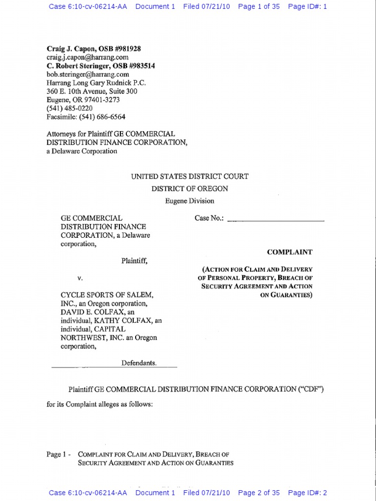 Colfax Federal Complaint | PDF | Guarantee | Security Interest
