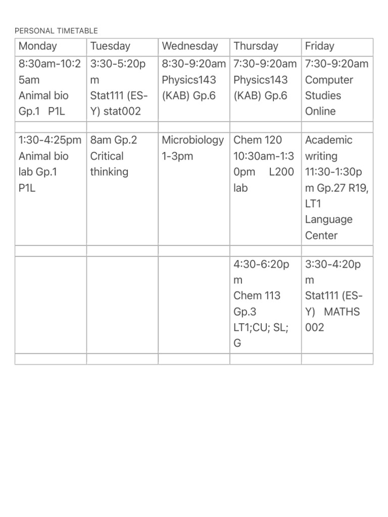 Personal Timetable | PDF