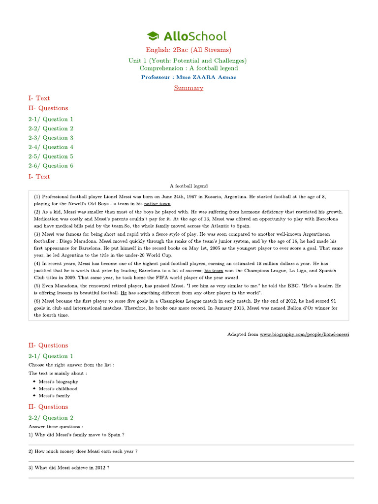 Comprehension 1 A Football Legend 11 | PDF