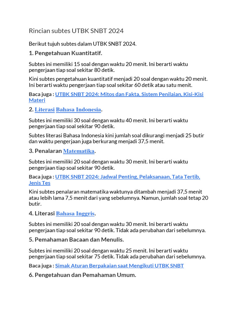 Rincian Subtes UTBK SNBT 2024 | PDF
