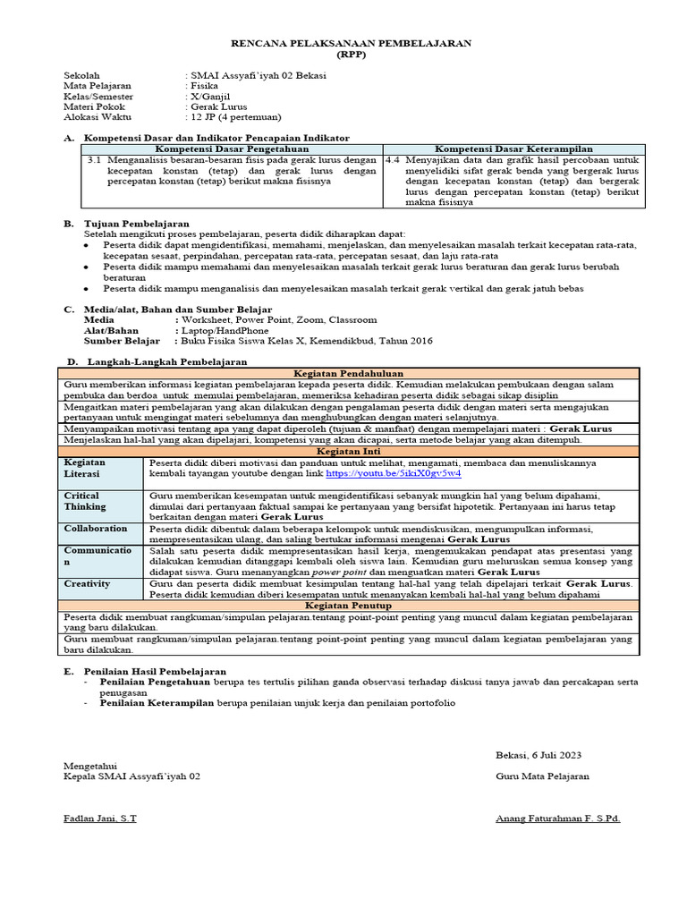 RPP - 10 - Bab 4 (Gerak Lurus) | PDF