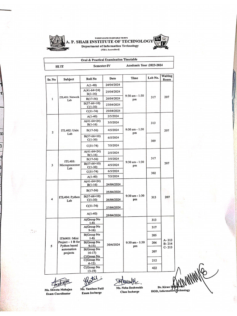 SE, TE, BE Oral & Practical Examination Timetable | PDF