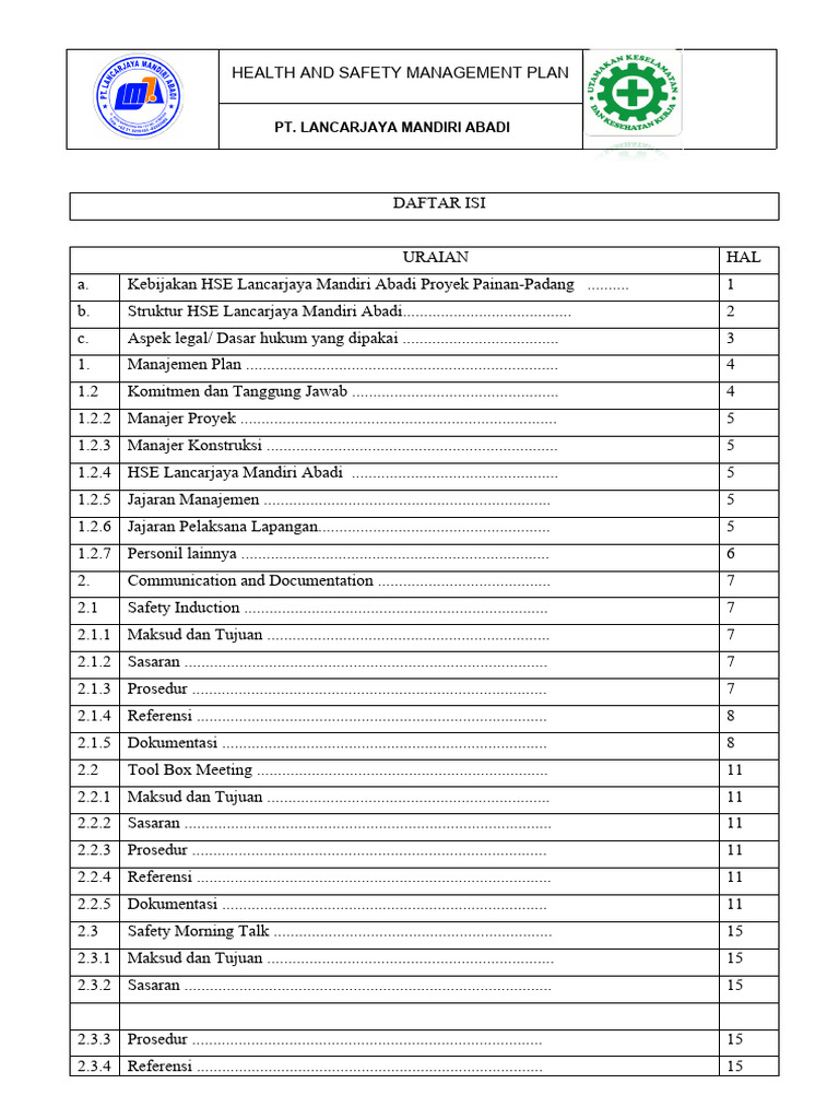 2.daftar Isi HSE Plan Proyek PAINAN-PADANG | PDF