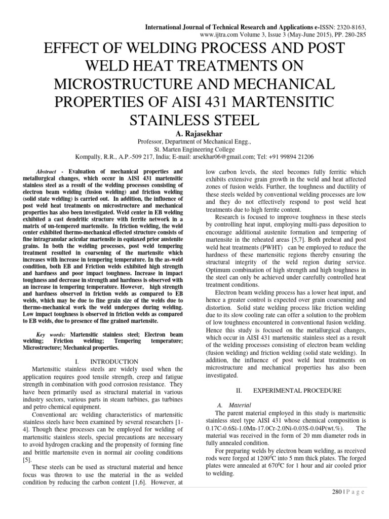 Effect of Welding Process and Post Weld Heat Treatments On Microstructure and Mechanical ...