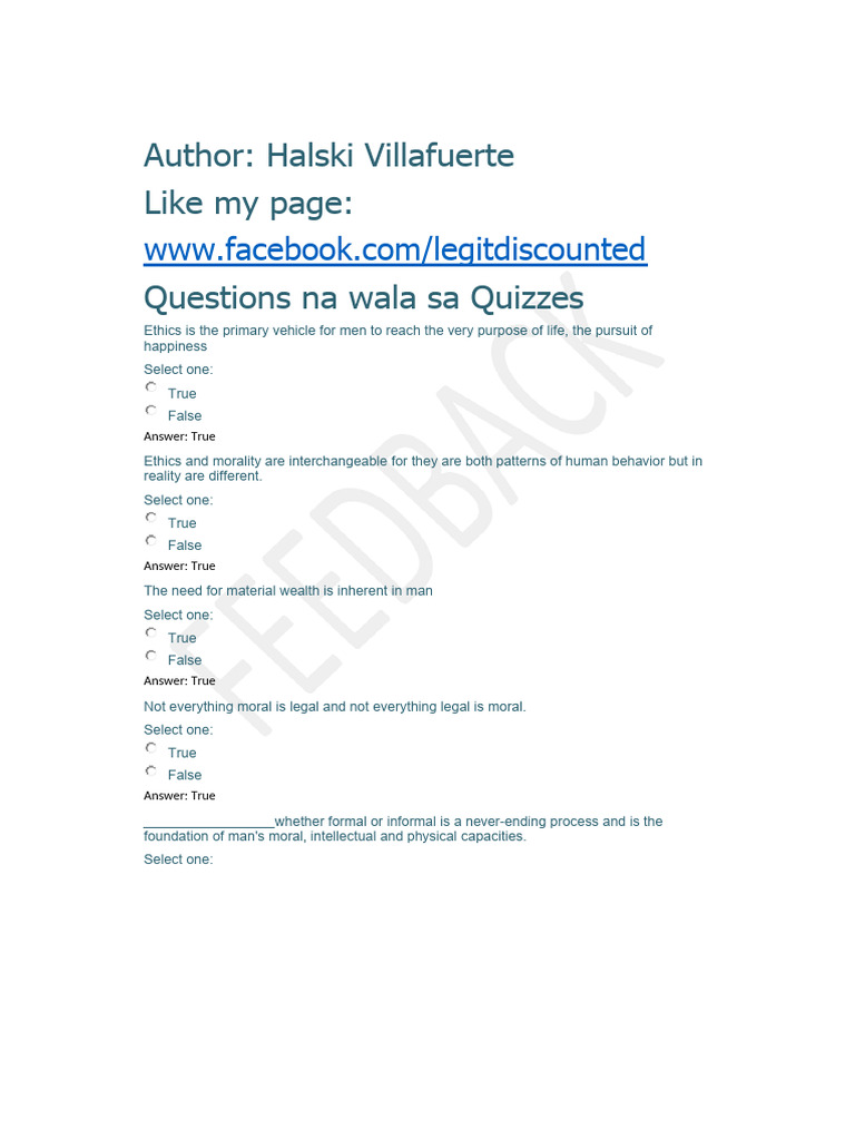Ethics Quiz Insights | PDF | Morality | Psychology