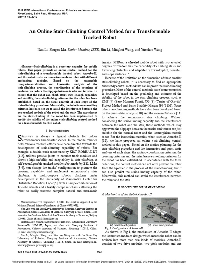 An Online Stair Climbing Control Method For A Transformable | PDF | Robot | Robotics