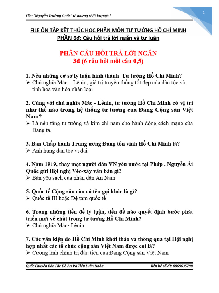 Phần 6 Điểm Câu Hỏi Ngắn và Tự Luận môn TƯ TƯỞNG HỒ CHÍ MINH NgTr.Quốc | PDF