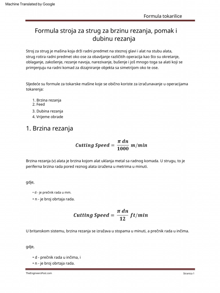 Formula Stroja Za Strug Za Brzinu Rezanja, Pomak (Prevod) | PDF