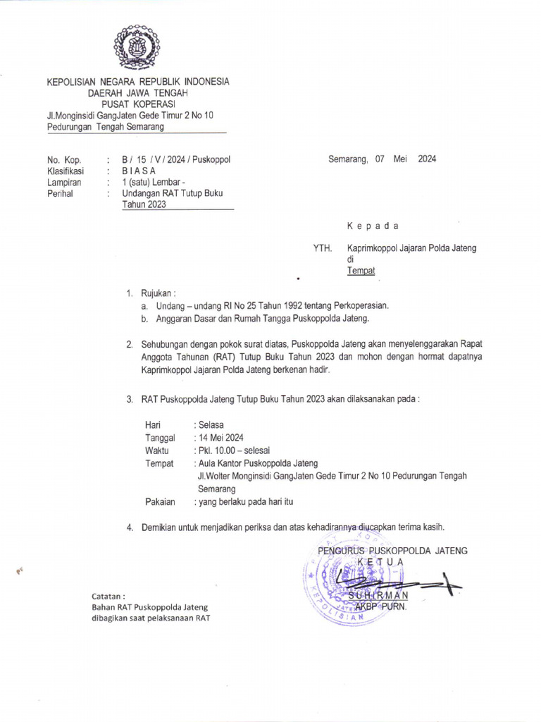 Surat Undangan RAT Puskoppolda Jateng Tutup Buku 2023 | PDF