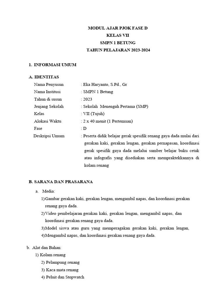 Modul Ajar PJOK - Mempraktikkan Aktivitas Renang Gaya Dada - Fase D | PDF