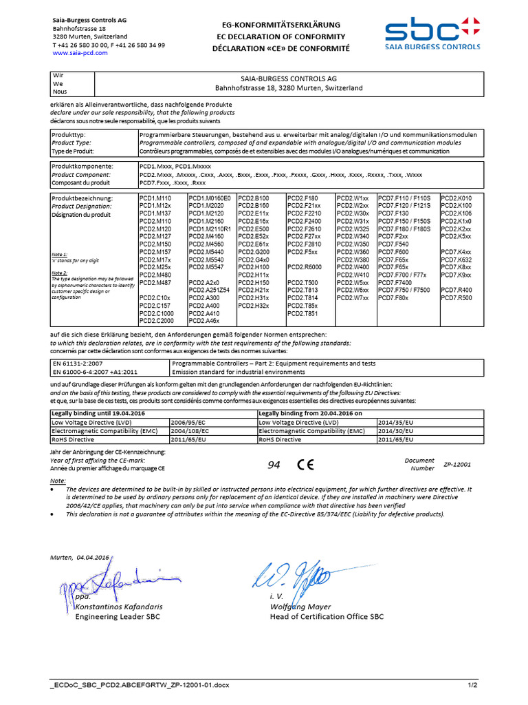 ECDoC SBC PCD2.ABCEFGRTW ZP-12001-01 | PDF | Electromagnetic Compatibility | Electronics