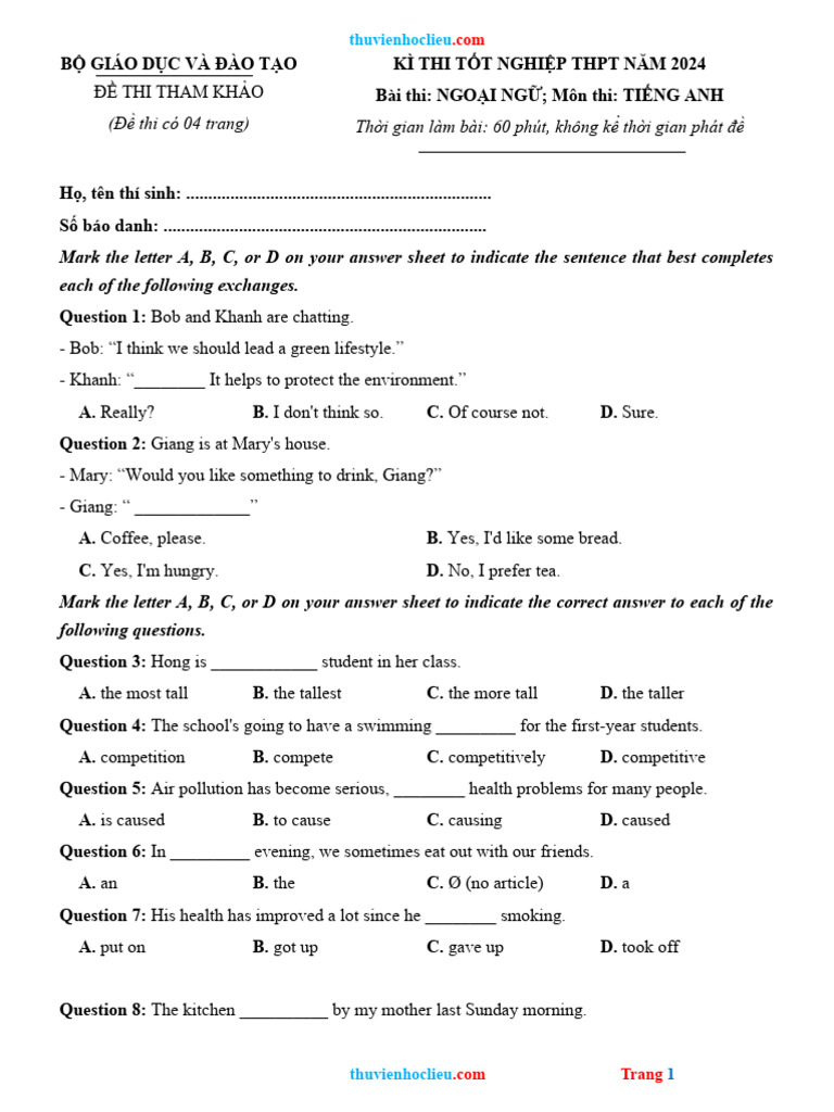 Giai Chi Tiet de Minh Hoa Mon Tieng Anh Tot Nghiep 2024 | PDF | Sleep