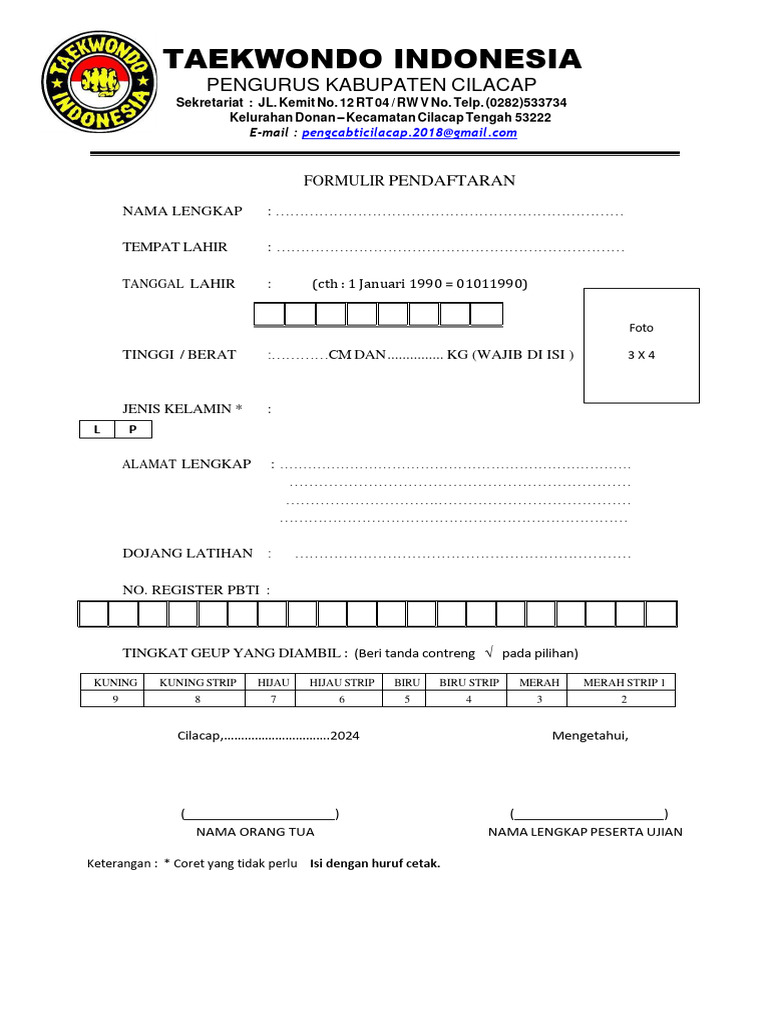 Formulir Pendaftaran UKT Taekwondo | PDF
