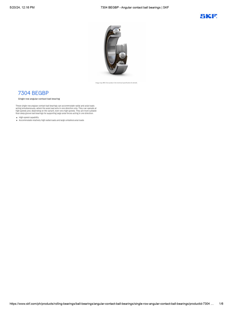 7304 BEGBP - Angular Contact Ball Bearings - SKF | PDF | Bearing ...