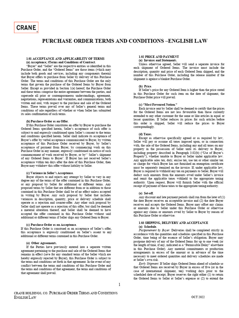 Crane Terms Conditions of Purchase UK Oct 2022 | PDF | Indemnity ...