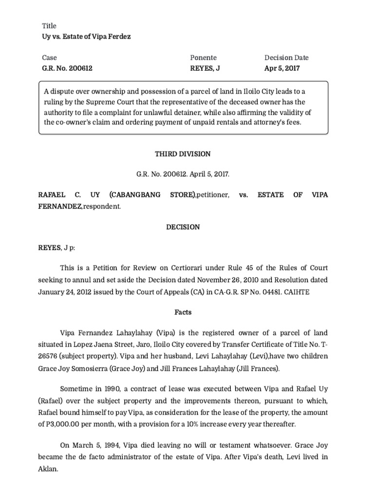 42-Uy vs. Estate of Vipa Ferdez | PDF | Concurrent Estate | Lawsuit