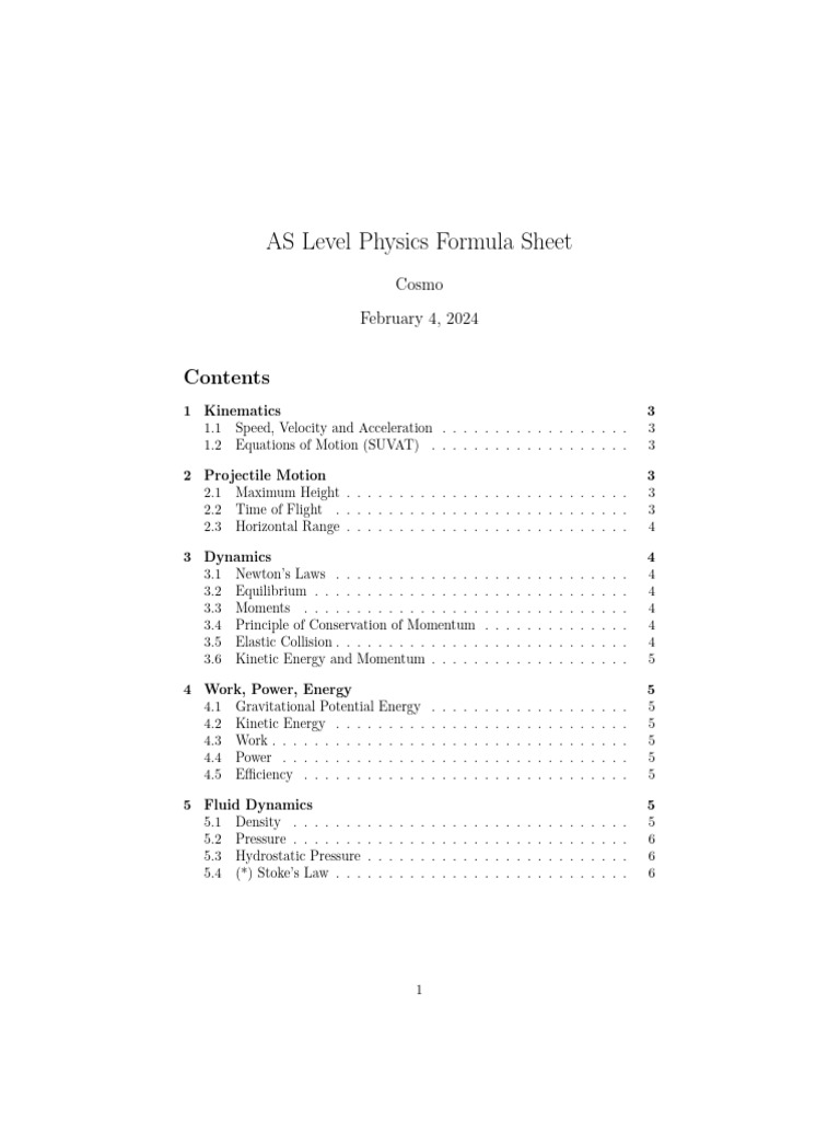 AS Level Physics Formula Sheet | PDF | Equations Of Motion | Momentum