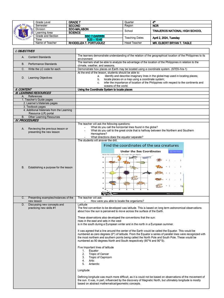WLP Science 7 Q4 APRIL 2 2024 | PDF | Longitude | Latitude