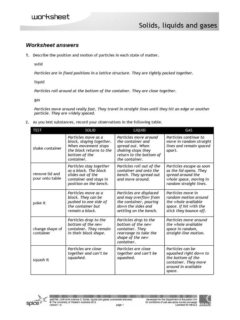Worksheet Answers Solids Liquids and Gases - W 2 | PDF | Liquids | Gases