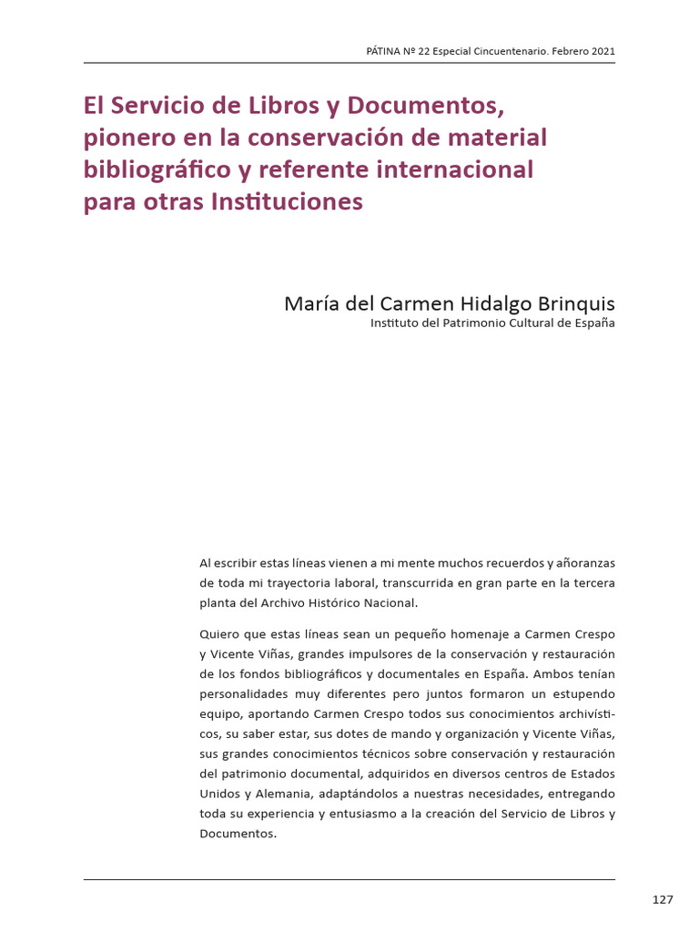 El Servicio de Libros y Documentos, Pionero en La Conservación de Material Bibliográfico y ...