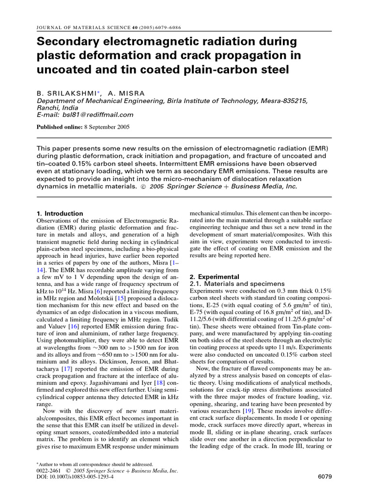 Secondary Electromagnetic Radiation During Plastic Deformation And Crack Propagation In Uncoated