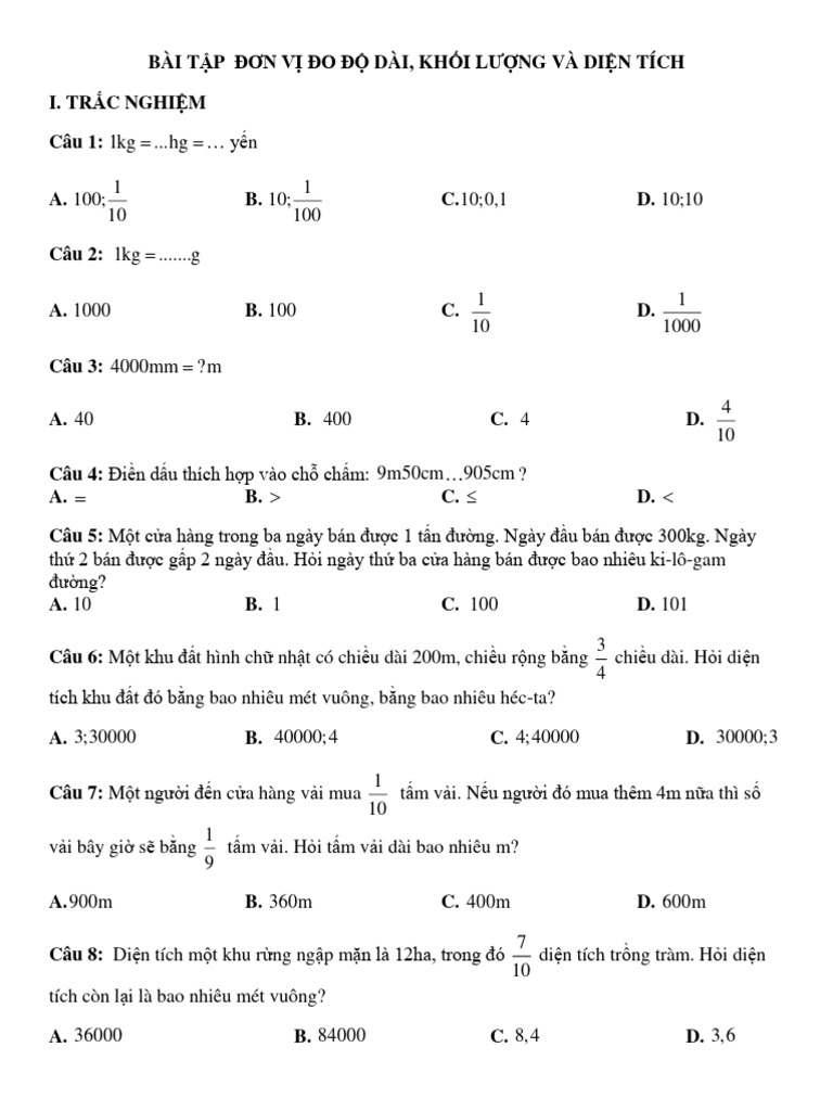 Bai Tap Don VI Do Do Dai Khoi Luong Va Dien Tich Lop 5 | PDF