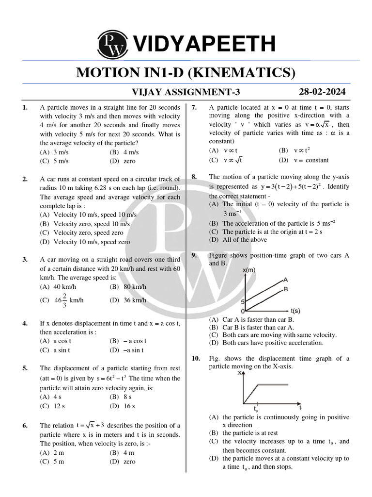 Motion in 1-D (Kinematics) - Home Assignment | PDF | Velocity | Acceleration