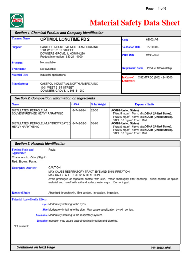 Castrol Optimol Longtime PD 2 Lube 484 10486 | PDF | Carcinogen | Waste