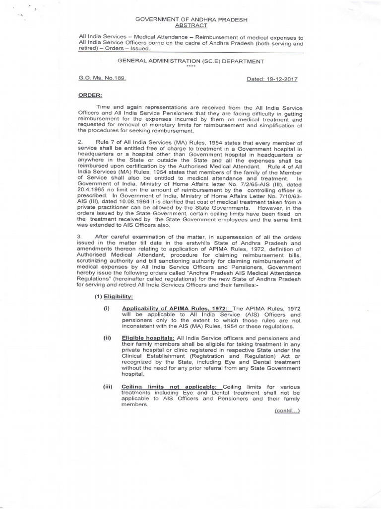 Go Ms No 189 Medical Reimbursement Guidelines For AIS Officers | PDF