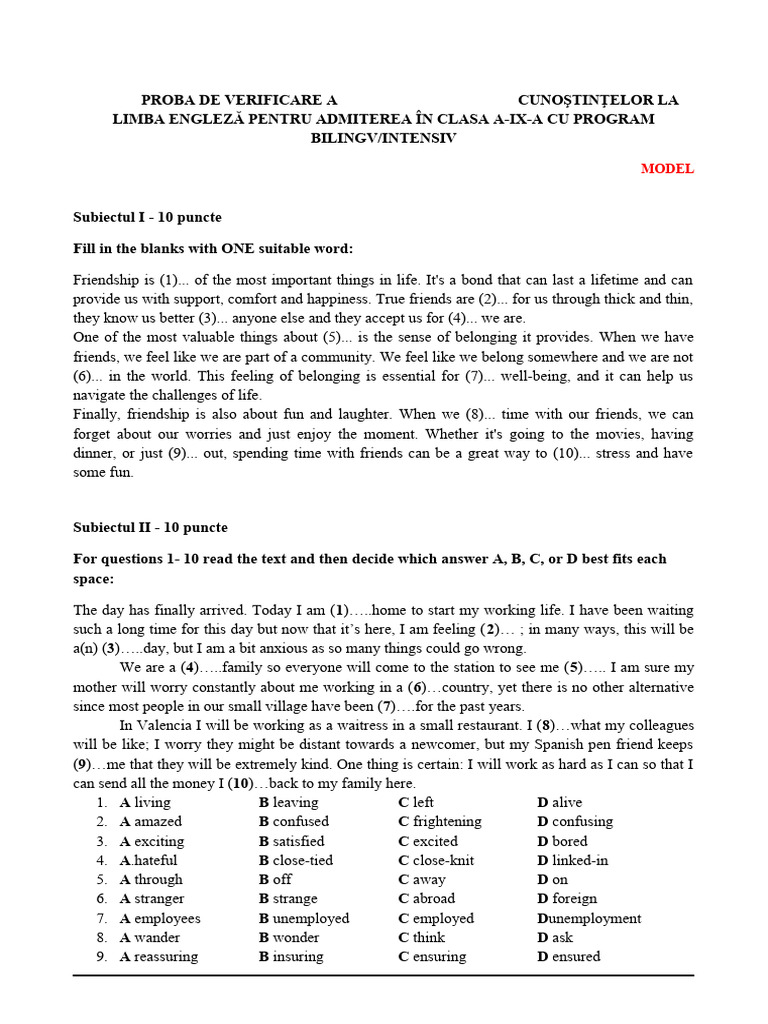 Model Subiect - Proba Scrisa - ENGLEZA 2024 | PDF