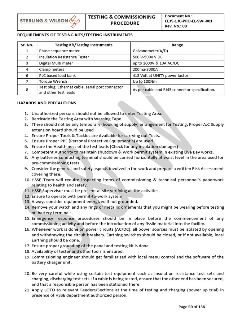 Testing Amp Commissioning Procedure Generator Pdf Battery Charger