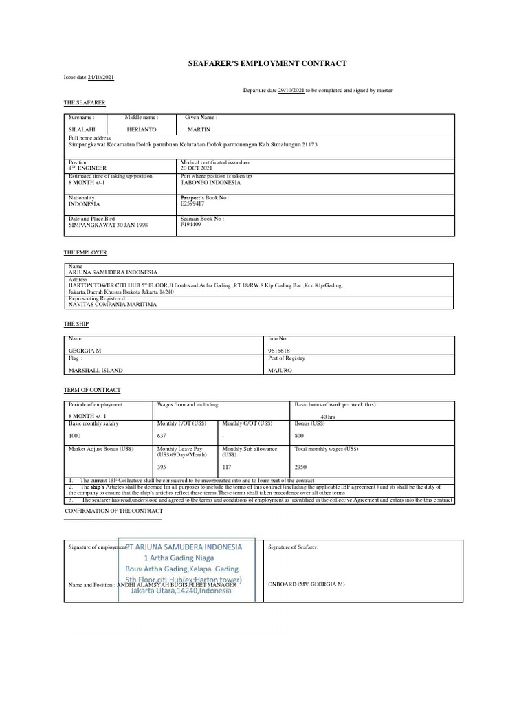 Seafarer's Employment Contract Template | PDF | Shipping | Business