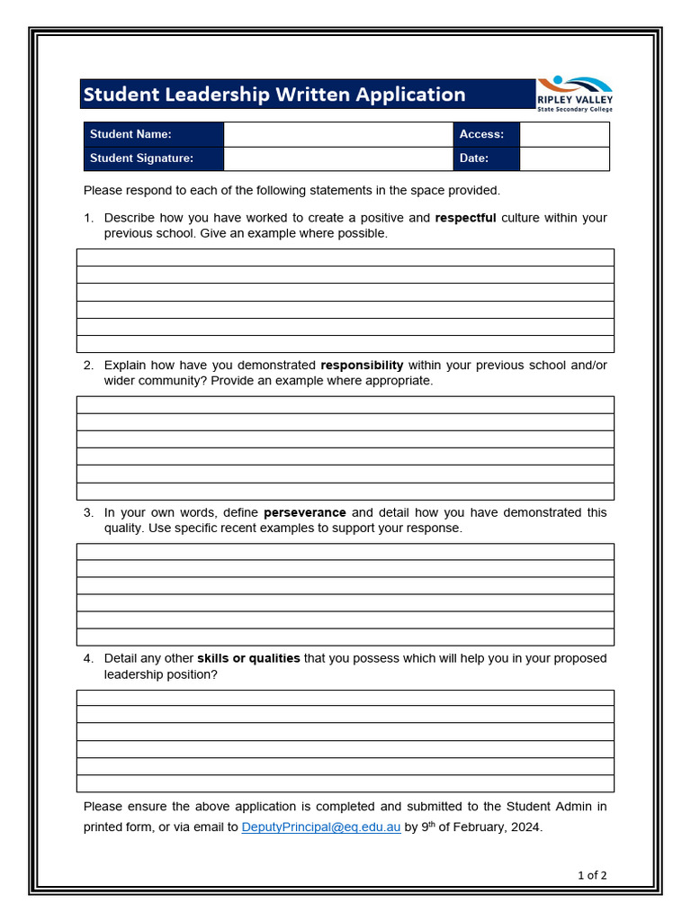 Year 7 Student Leadership Application 2024 | Download Free PDF ...