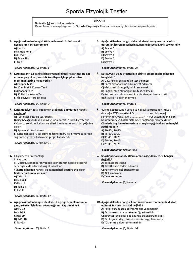 Sporda Fizyolojik Testler Bütünleme 2024 | PDF