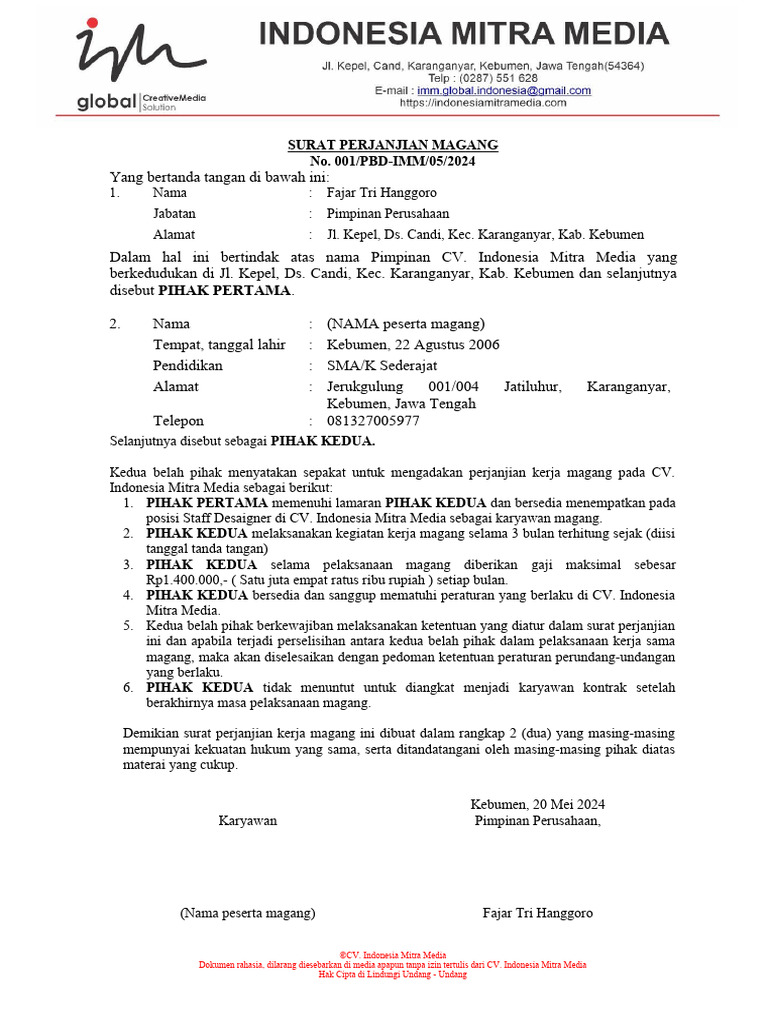 Surat Perjanjian Magang CV. Indonesia | PDF