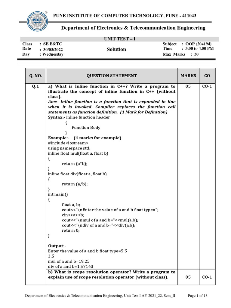 Unit Test I Solution OOP AY - 21-22 | PDF | Namespace | C++ Unit Test I Solution OOP AY - 21-22 | PDF | Namespace | C++