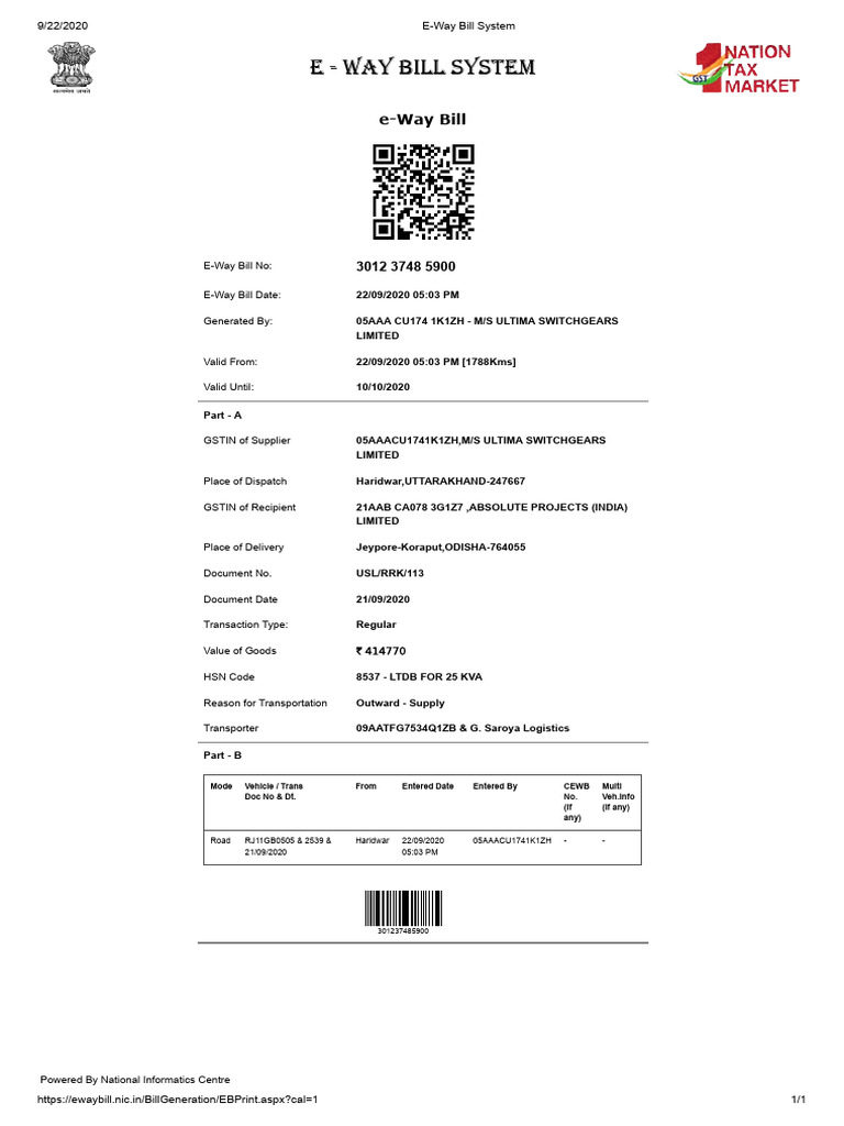 E-Way Bill System 113 ABSOLUTE - KORAPUT | PDF | Government Of India ...