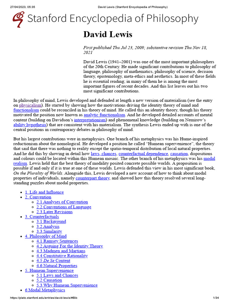 David Lewis (Stanford Encyclopedia of Hilosophy) | PDF | Metaphysics ...