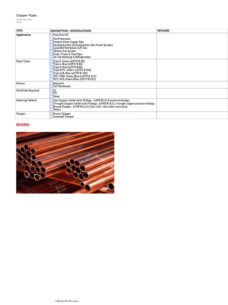 Copper Pipes Specifications Checklist | PDF