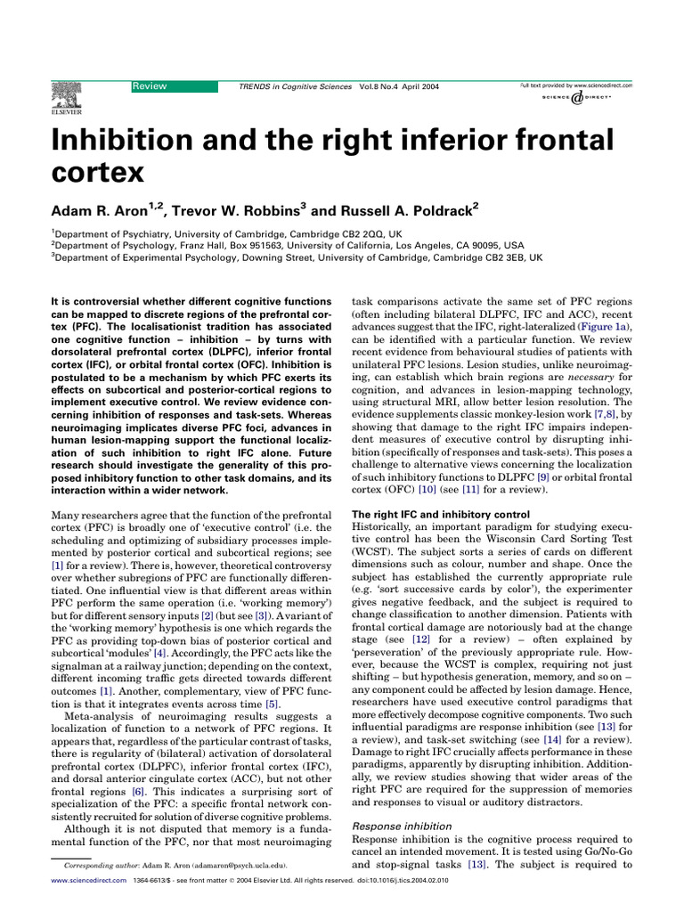 1. Aron_Inhibition and right inferior frontal cortex | PDF | Prefrontal ...