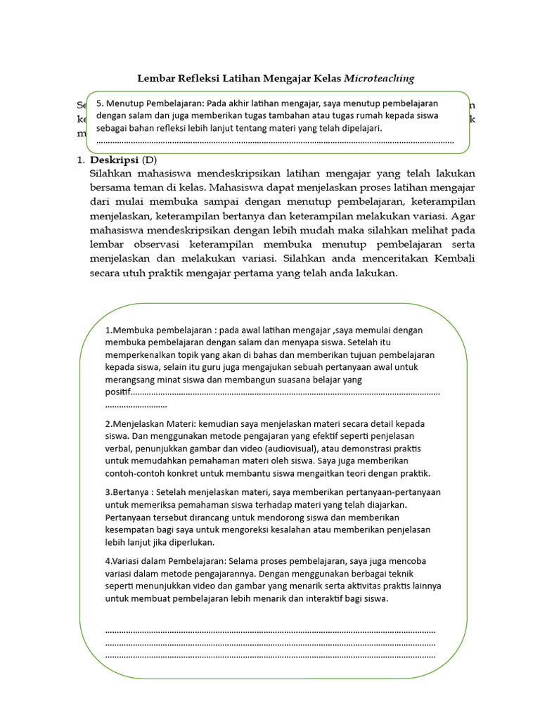 Lembar Refleksi Latihan Mengajar Kelas Microteaching | PDF