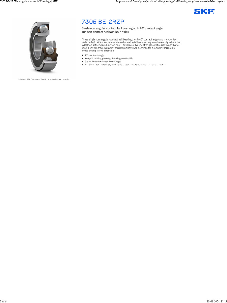 7305 BE-2RZP Angular Contact Bearings | PDF