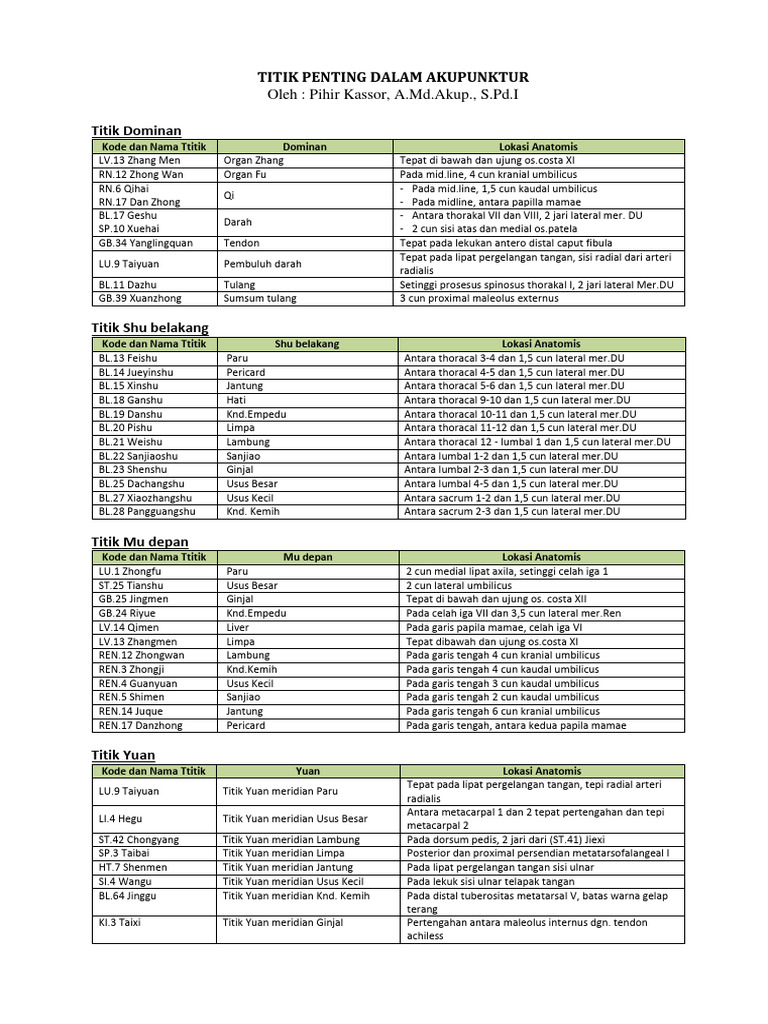 Titik Penting Dalam Akupunktur - Pihir Kassor | PDF