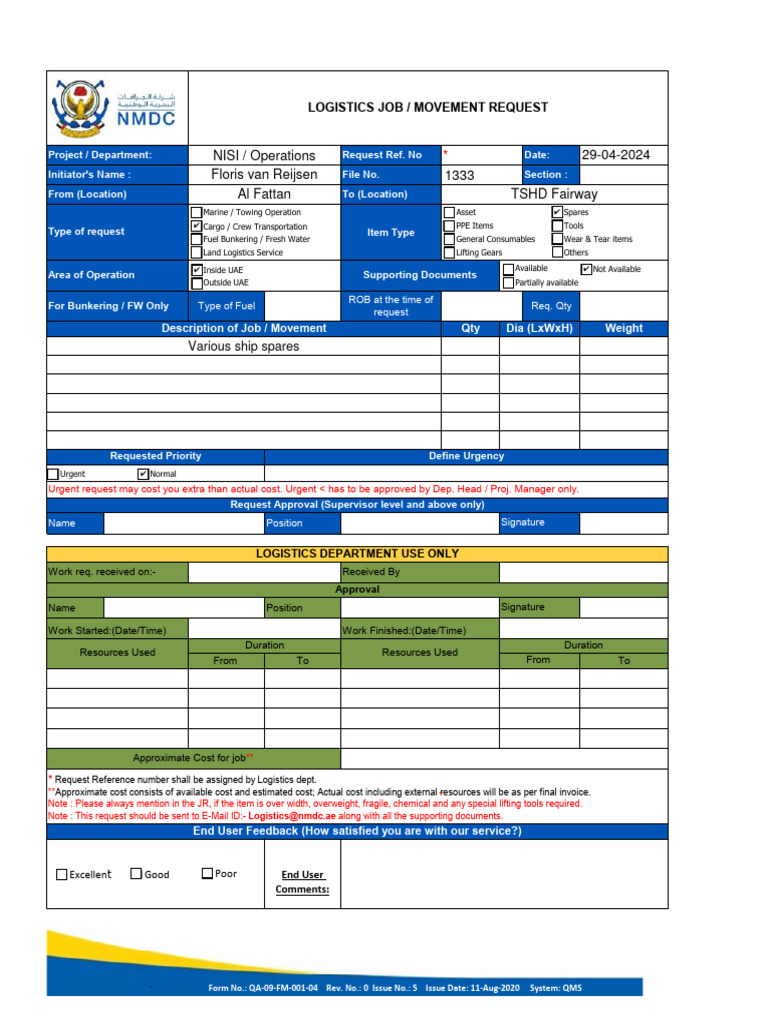 Logistics Job Movement Request Form | PDF | Transport | Shipping