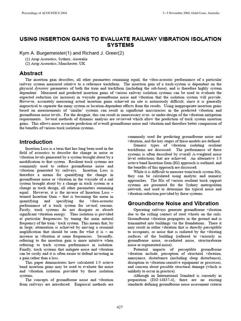 Using Insertion Gains To Evaluate Railway Vibration Isolation Systems ...