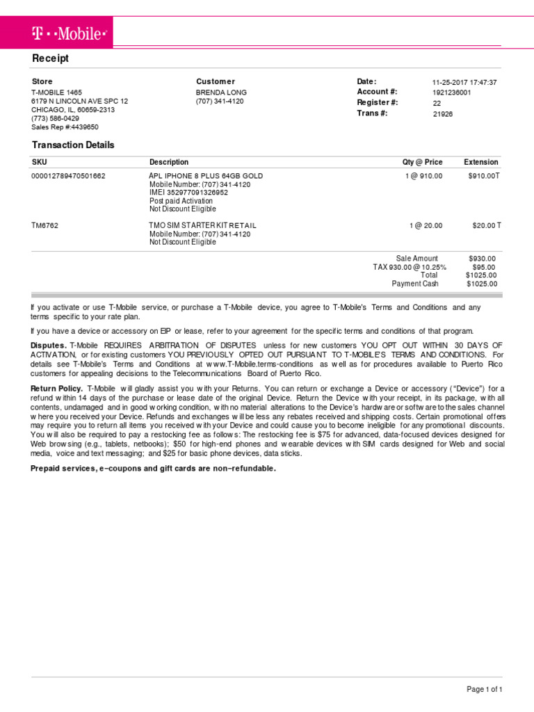 IPhone 8 Plus Joshua | PDF | T Mobile Us | Receipt