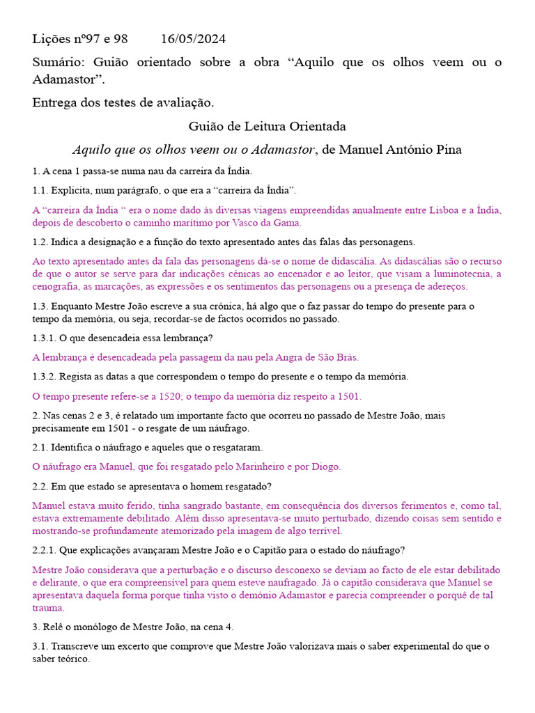 Guião de Leitura Orientada - Aquilo Que Os Olhos Veem Ou o Adamastor ...