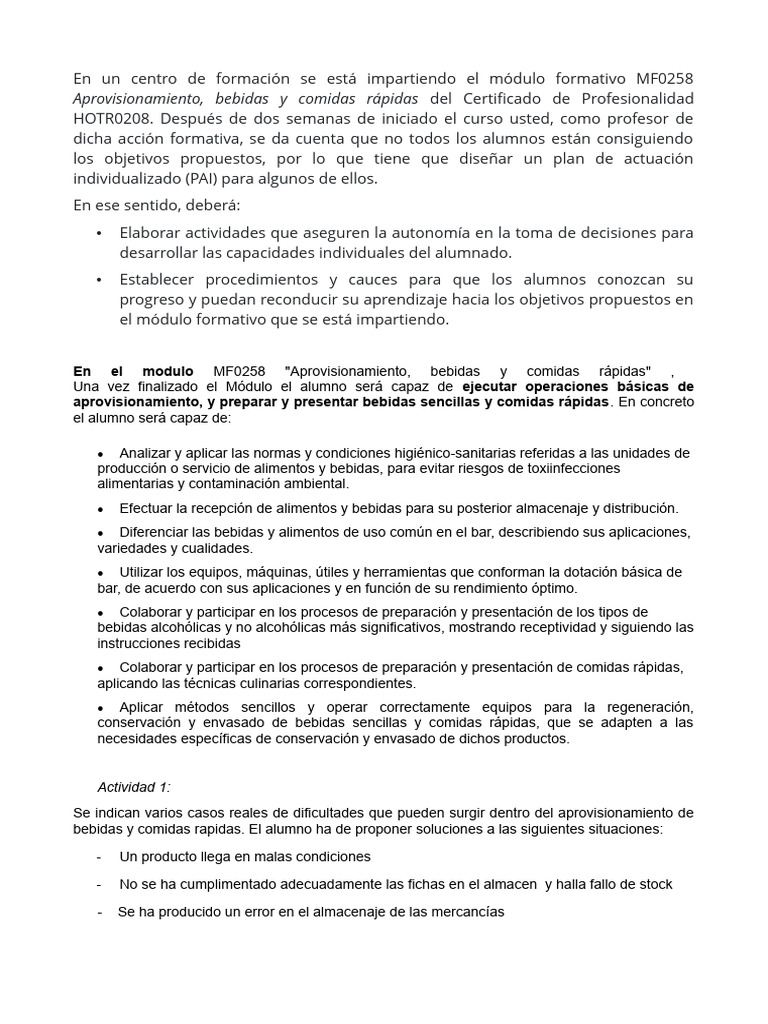 UF1646. Realiza A Valorar Por El Tutor #2. Tema 2. Apartado 2.3 | PDF | Aprendizaje | Alimentos