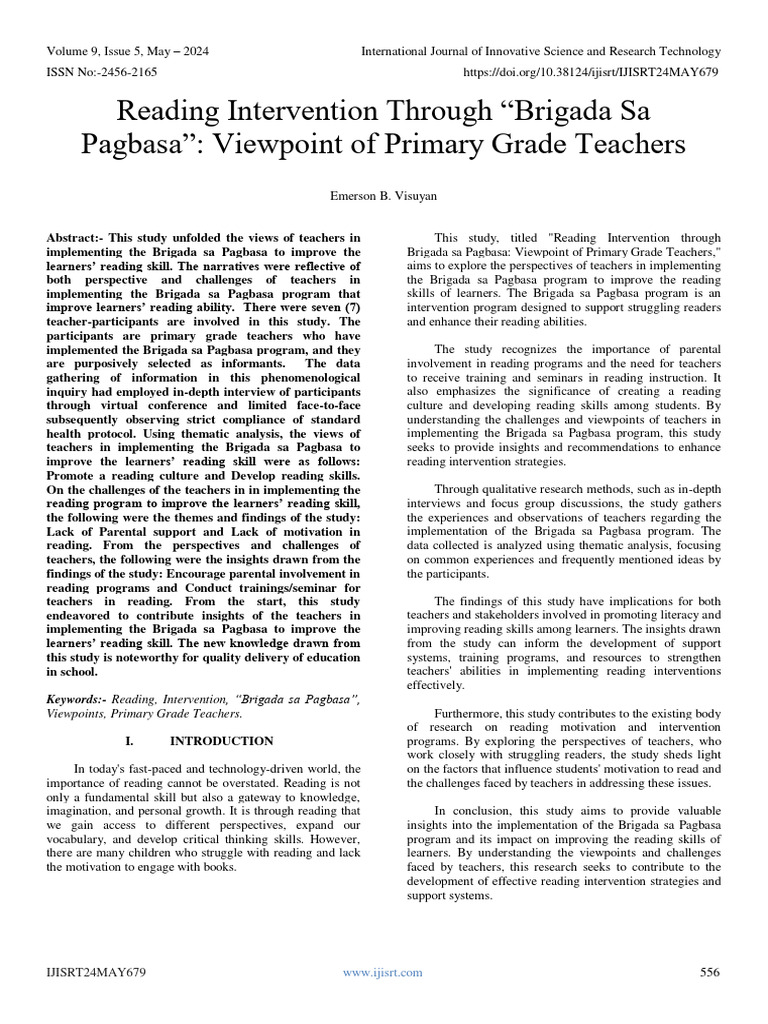 Reading Intervention Through "Brigada Sa Pagbasa": Viewpoint of Primary Grade Teachers | PDF ...